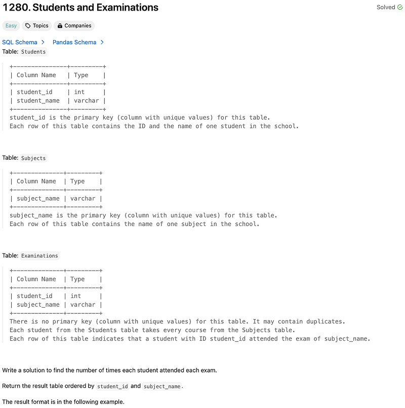 [LeetCode] 1280. Students and Examinations (JOIN)