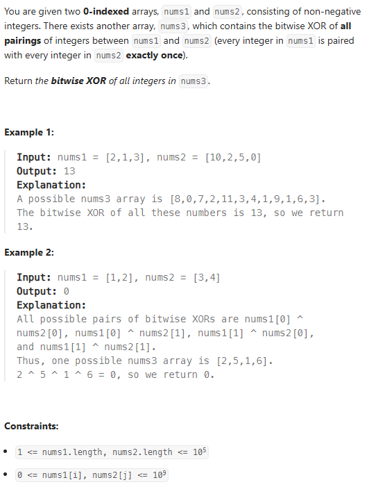 [Python] 2425. Bitwise XOR of All Pairings