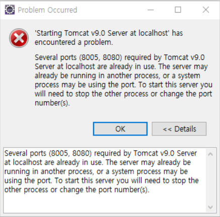 [톰캣 실행 에러] Several ports (8005, 8080) required by Tomcat v9.0 Server at localhost are already in ...