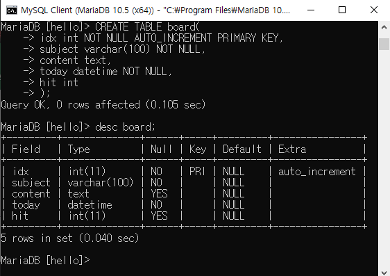 MariaDB Mysql table 생성