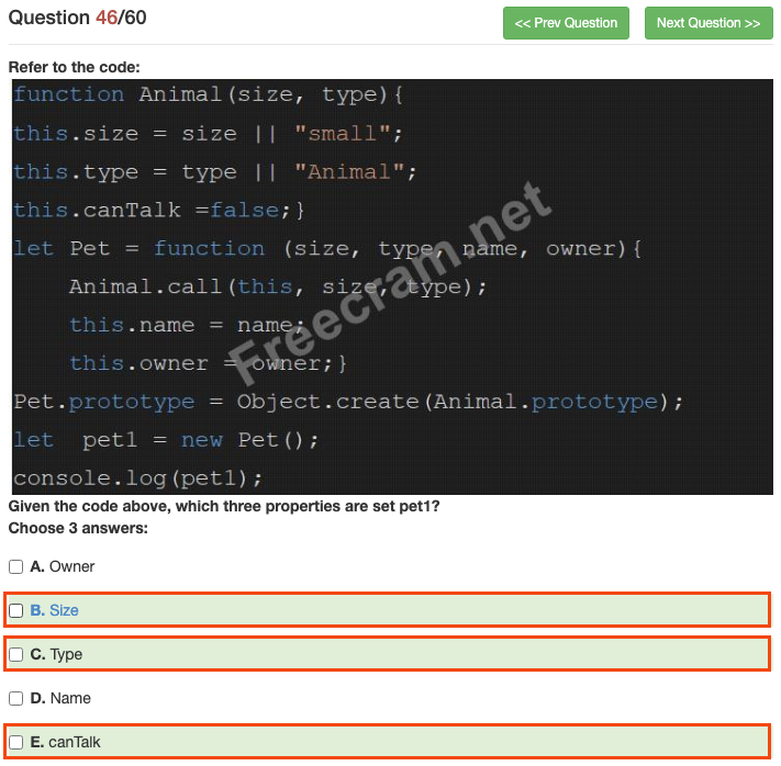 (46/60) Refer to the code: Given the code above, which three properties are set pet1?Choose 3 ...