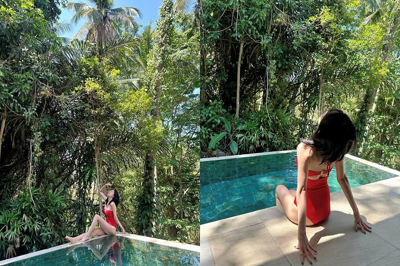 체중 39kg의 전 2NE1 대담한 붉은 수영복 차림으로 여유 만끽 "또 오셔서 기쁘다"