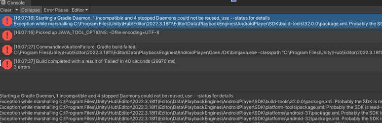 CommandInvokationFailure: Gradle build failed.