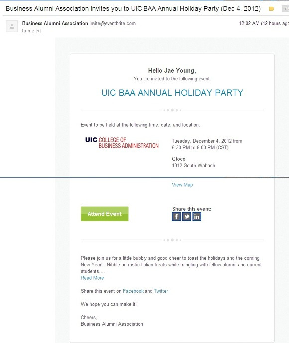 UIC MBA 동문에게 온 UIC BAA(Business Alumni Association) 초대장