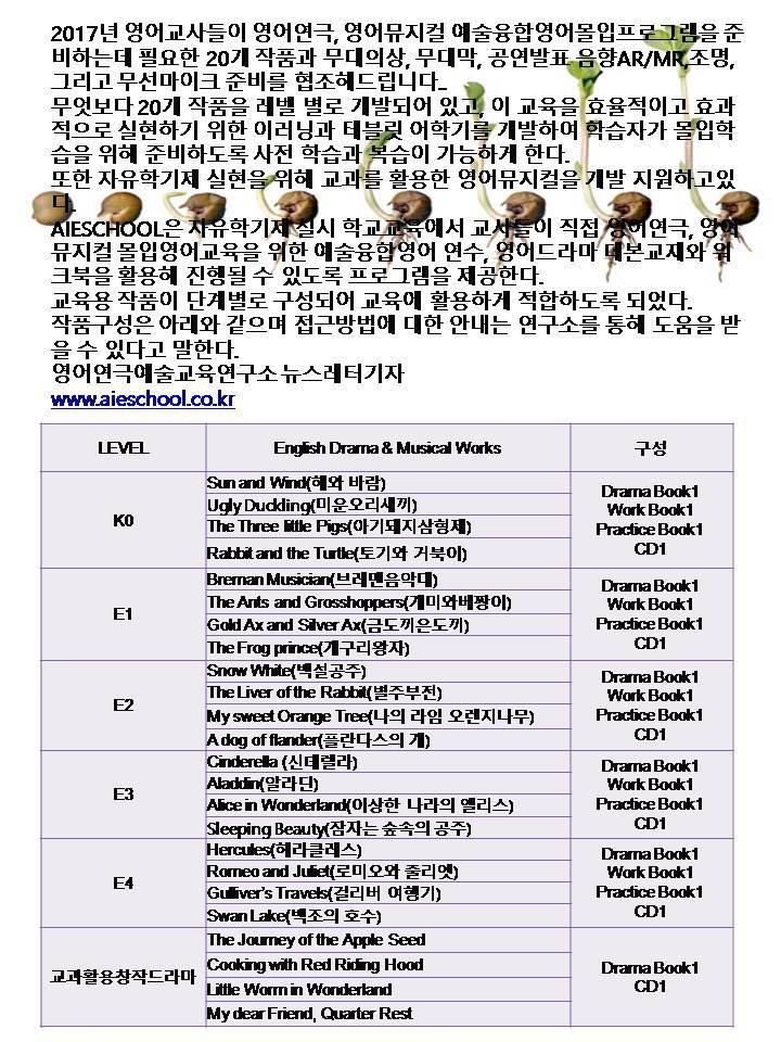 2017년 영어연극 영어뮤지컬 수업을 위한 단계별 영어연극과 영어뮤지컬교재 무대의상 무대막 공연음향 무대조명 무선마이크 등을 협의 지원