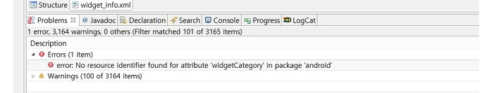 error: No resource identifier found for attribute 'widgetCategory' in package 'android'