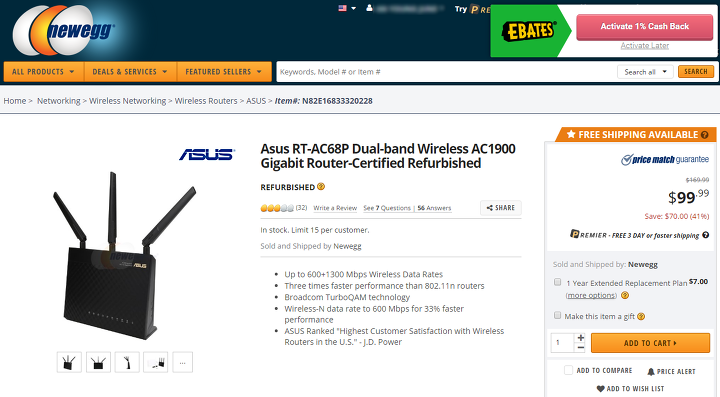 [Newegg] Asus RT-AC68P Dual-band AC1900 Gigabit Router 리퍼 ($99.99/0)