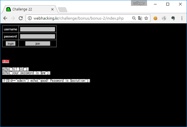 [Webhacking.kr] Challenge 22 — zulloper blog