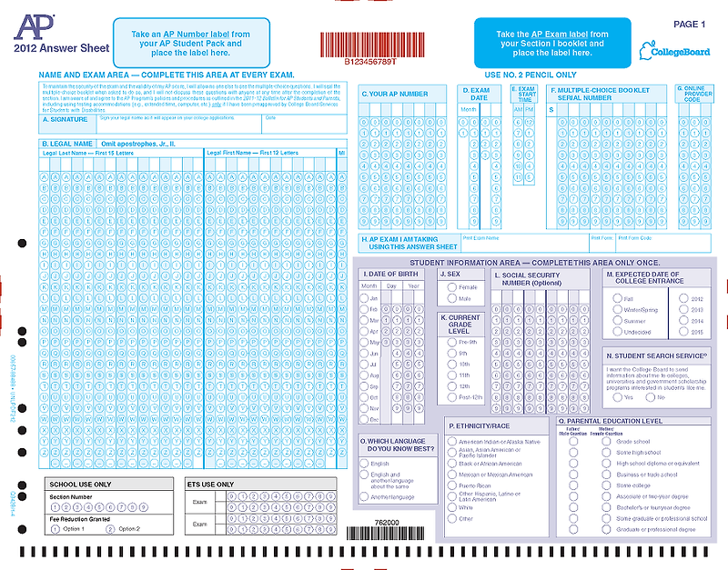 AP test answer sheet