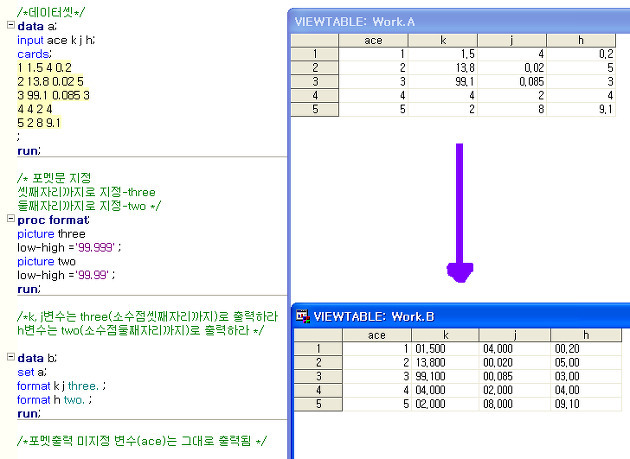 [sas] Sas를 이용해 데이터셋의 변수마다 원하는 소수점자리 지정하기