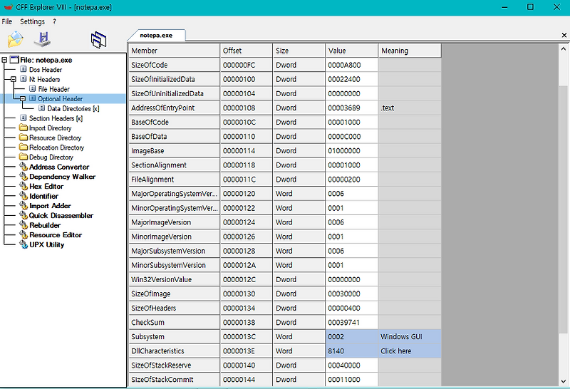 PE구조 요약 툴 CFF Explorer - JMoon