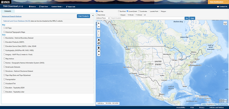 USGS national map viewer에서 DEM 검색 및 다운로드하기