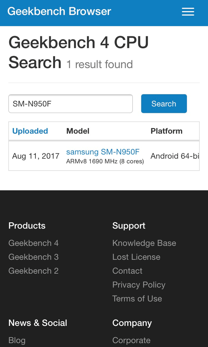 갤럭시 노트8(SM-N950F) Geekbench 점수 유출