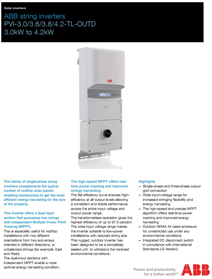 ABB string 인버터 PVI-3.0 3.6 3.8 4.2 TL OUTD 수리문의 구매문의 제품메뉴얼 사용자메뉴얼 1522-7409
