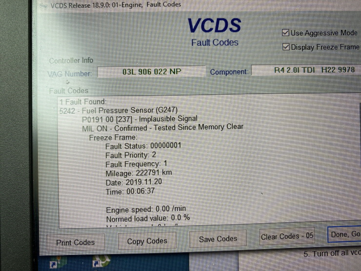 VCDS - P0191 Fuel Pressure Sensor (G247)