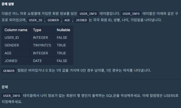 Mysql 프로그래머스 나이 정보가 없는 회원 수 구하기 — 콘다토스 데이터로그