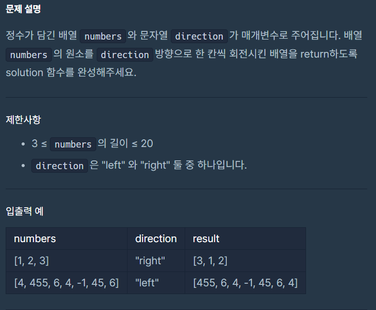 프로그래머스 Java Lv 0 배열 회전시키기 — 진땡이코딩조림
