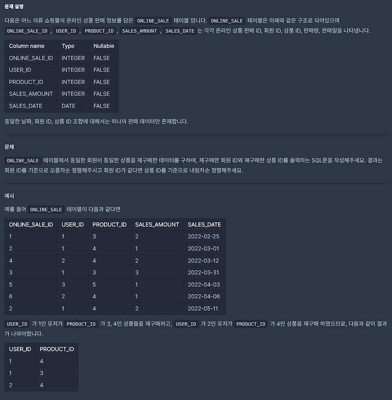 Sqlselect 재구매가 일어난 상품과 회원 리스트 구하기 프로그래머스 — 코드테일