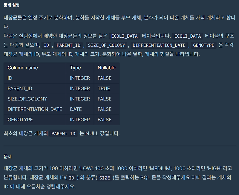 프로그래머스 코딩테스트 Mysql Lv3 대장균의 크기에 따라 분류하기1 췐틀맨 Devlog