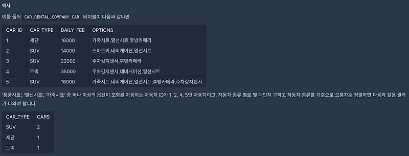 자동차 종류 별 특정 옵션이 포함된 자동차 수 구하기 Oracle 복습노트