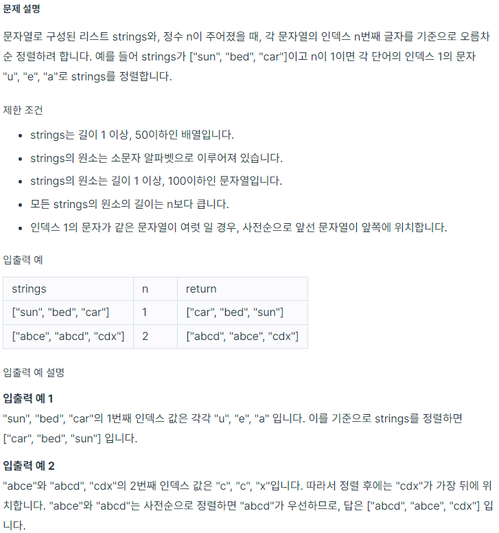 프로그래머스 Level 1 문자열 내 마음대로 정렬하기 Javascript