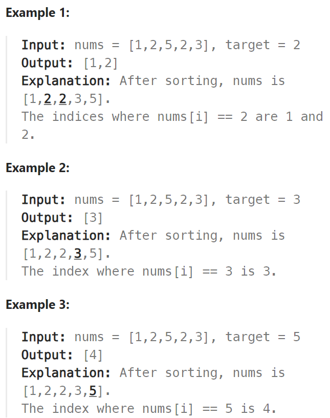 99클럽 코테 스터디 23일차 2089 Find Target Indices After Sorting Array 배열 정렬 후 타겟 인덱스 찾기