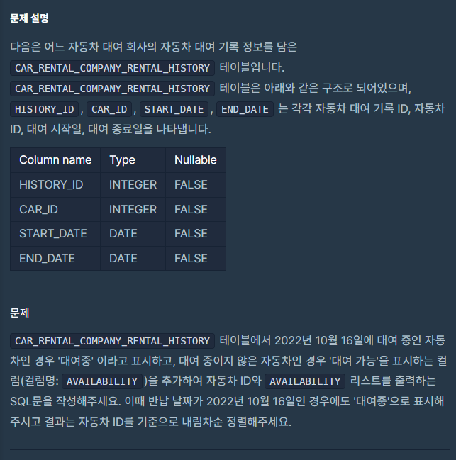프로그래머스 코딩테스트 Oracle Lv3 자동차 대여 기록에서 대여중대여 가능 여부 구분하기 췐틀맨 Devlog