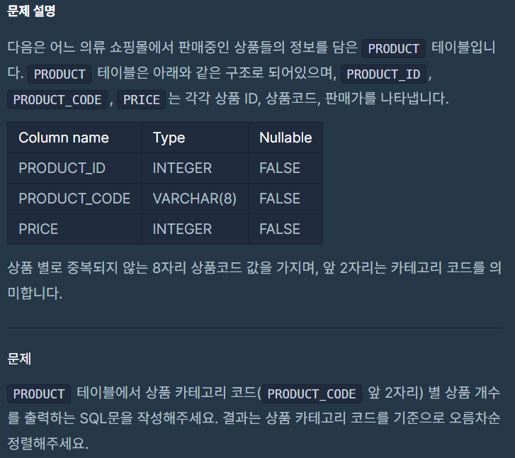 프로그래머스mysql 카테고리 별 상품 개수 구하기 공기업 전산직을 위한 도서관