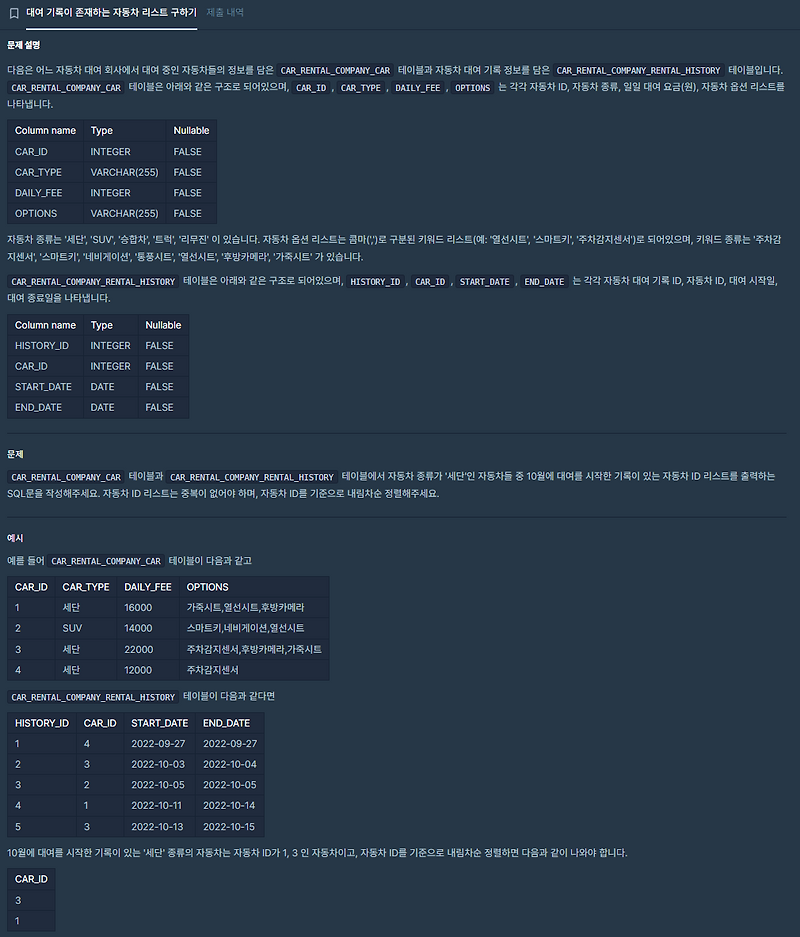 Sqlstring Date 대여 기록이 존재하는 자동차 리스트 구하기 프로그래머스 — 코드테일