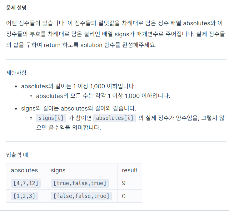 프로그래머스 월간 코드 챌린지 시즌2 Lv1 음양 더하기javascript