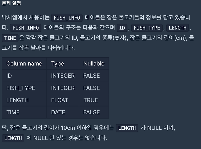 프로그래머스 특정 조건을 만족하는 물고기별 수와 최대 길이 구하기