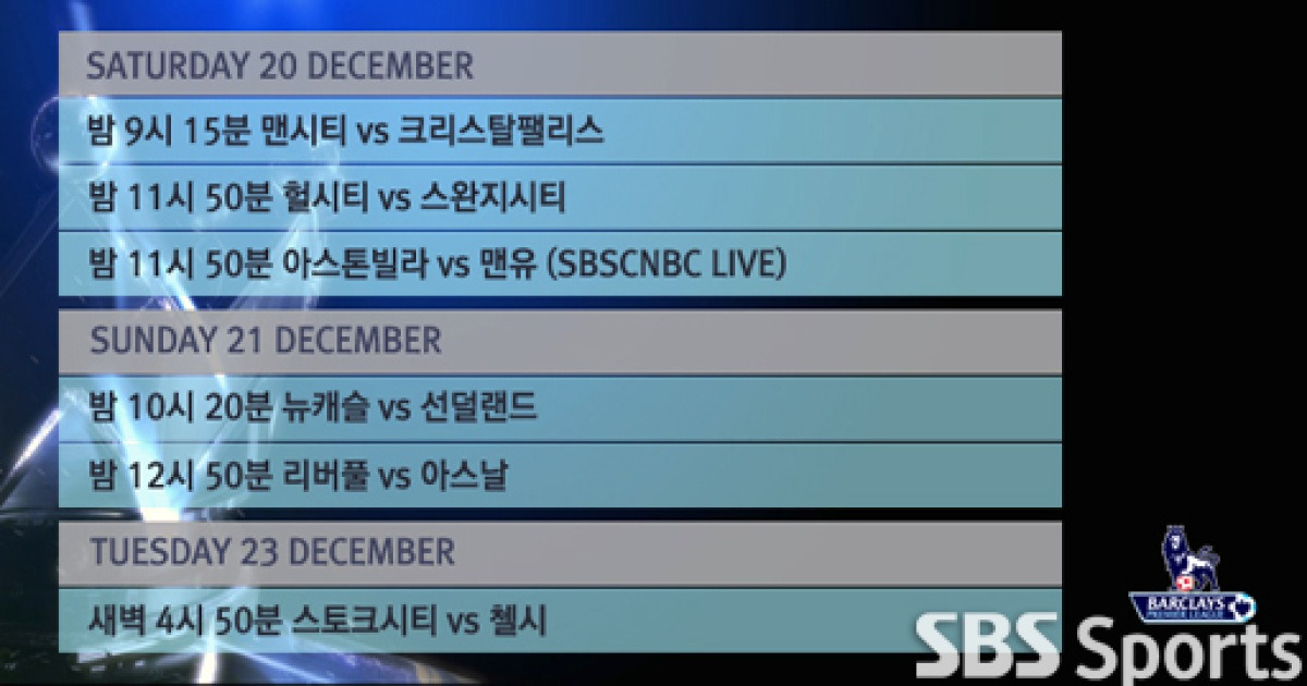 [EPL중계]12월 20일~23일 SBS스포츠 중계 안내