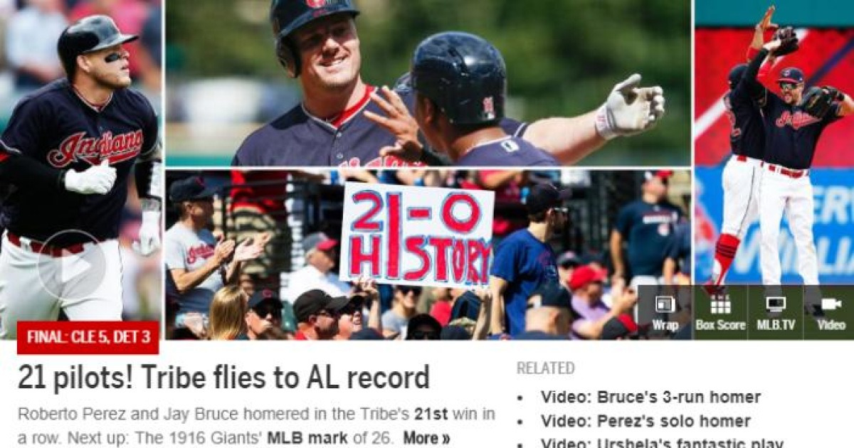 '21연승' CLE, AL 최다연승 신기록..MLB 2위 기록