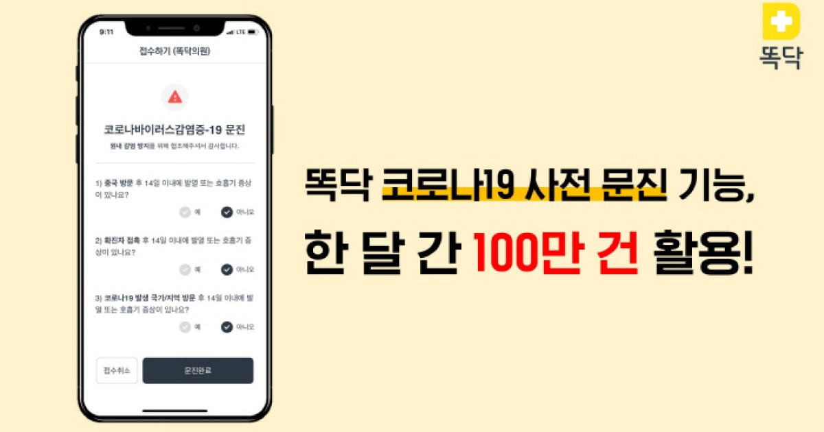 똑닥 코로나19 사전 문진 출시 한 달 만에 활용 횟수 100만 건 돌파