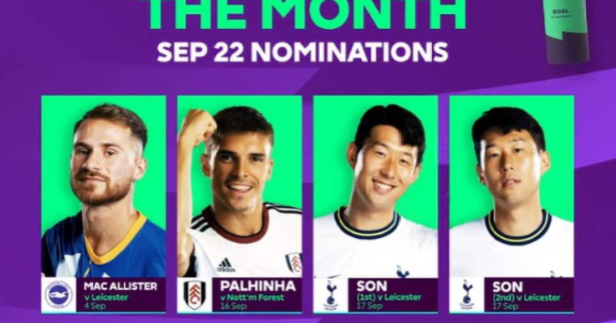 손흥민, EPL 9월의 골 후보..8골 중 2골이 'SONNY'