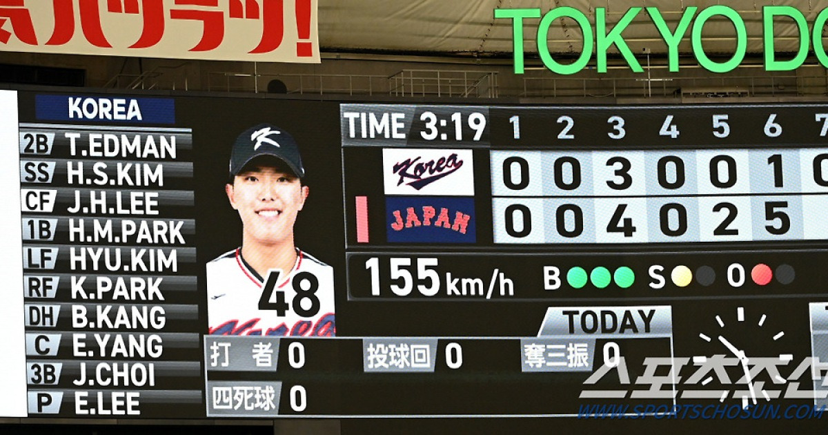 [포토] 이의리, 도쿄돔 전광판에 찍힌 155Km 직구