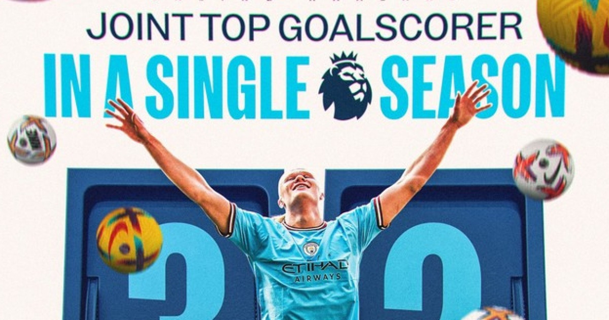 '홀란스럽다' EPL 32호골, '38경기 체제' 최다골 타이 기록까지