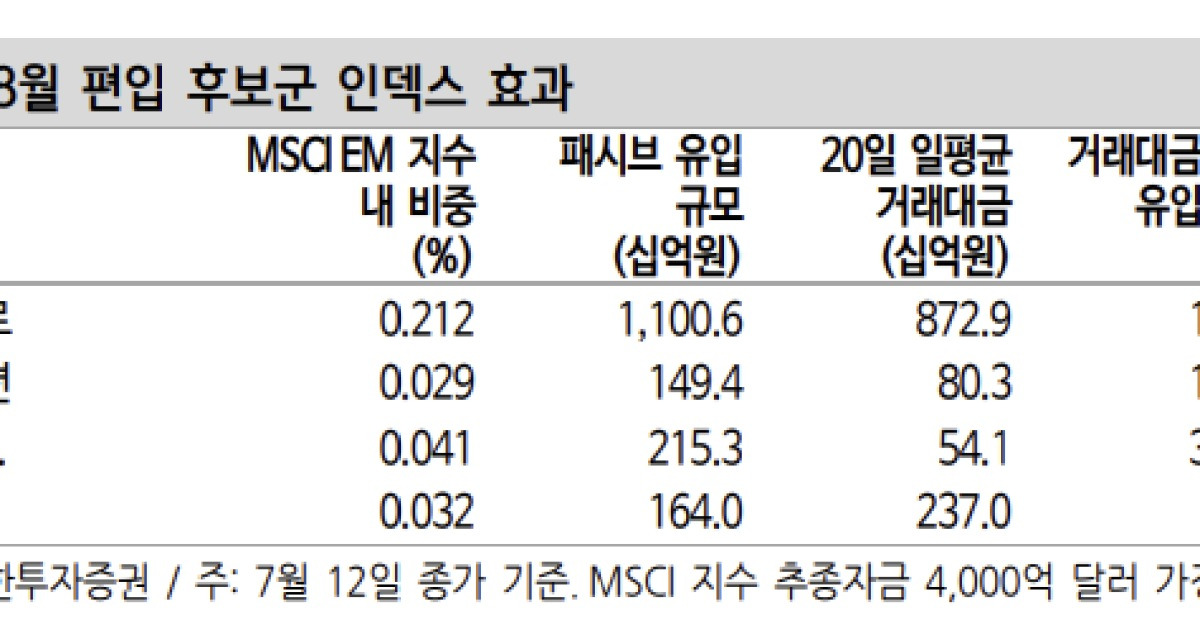 신한證 "8월 MSCI 한국지수 에코프로·금양 등 편입 예상"