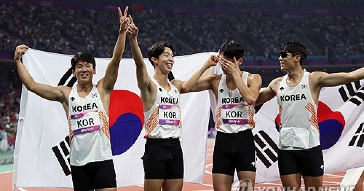 男 육상 일냈다!, 400m 계주 '韓 타이기록' 동메달... '37년만' AG 메달[항저우 AG]