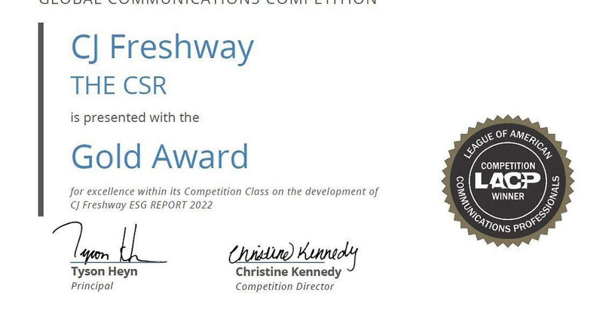 CJ프레시웨이 ESG 보고서, 美 LACP '스포트라이트 어워드' 금상 수상