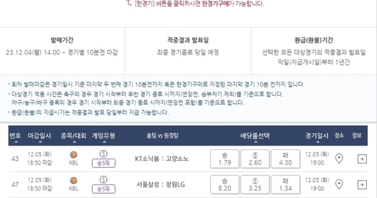 프로토 승부식 142회차, 주중 KBL 전 경기 대상 ‘농구 승5패’ 발매[토토]