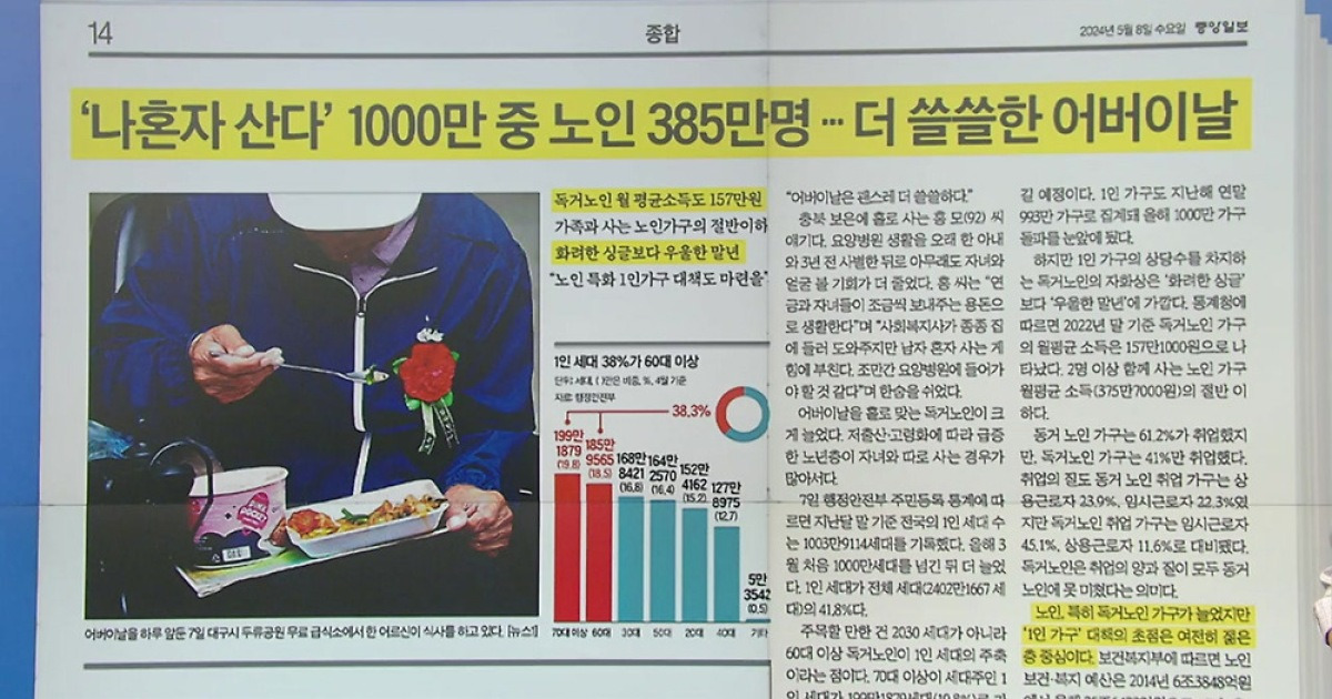 [조간 브리핑] 나혼자산다 1000만 중 노인 385만명 더 쓸쓸한 어버이날