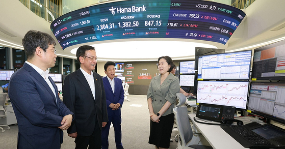 Finance minister rings in extended won-dollar trading hours at Hana Bank