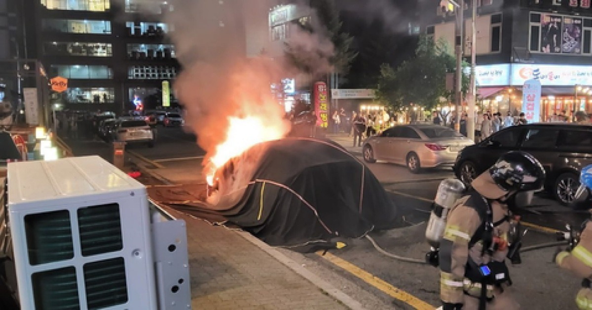 Parked Tesla EV catches fire for hours in Yongin