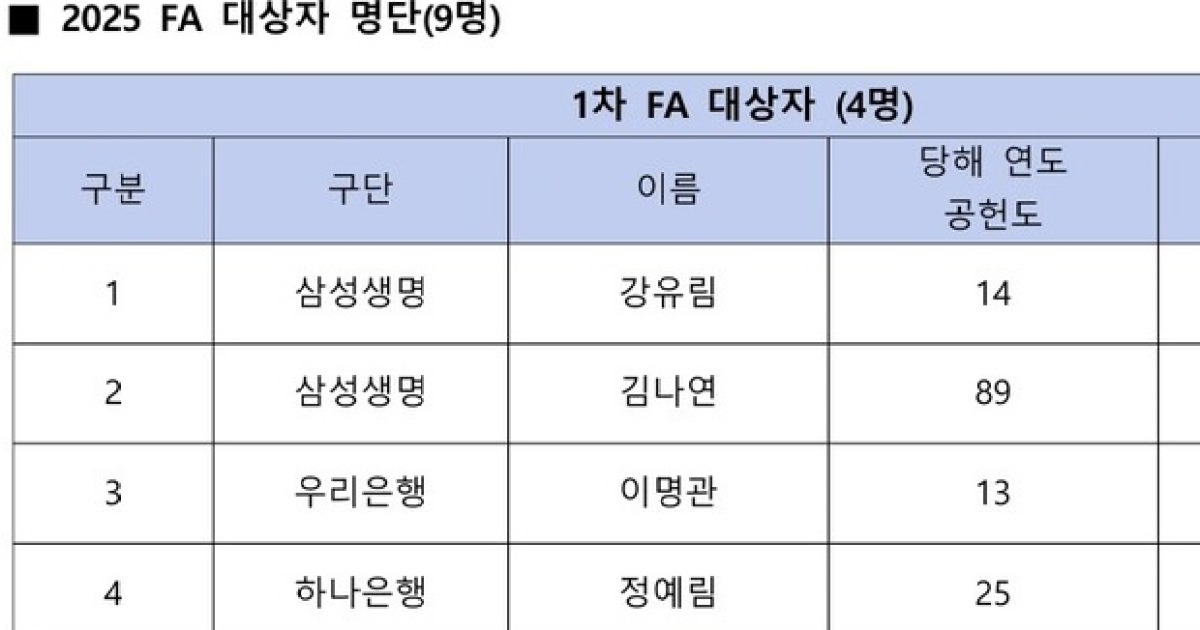 WKBL, 2025년 FA 대상자 9명 공시