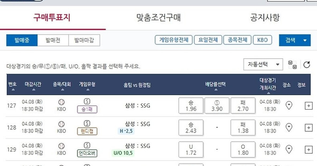 ‘삼성-SSG 전반 무승부 시 7.00배’…프로토 승부식 42회차, KBO리그 대상 경기 마감 임박