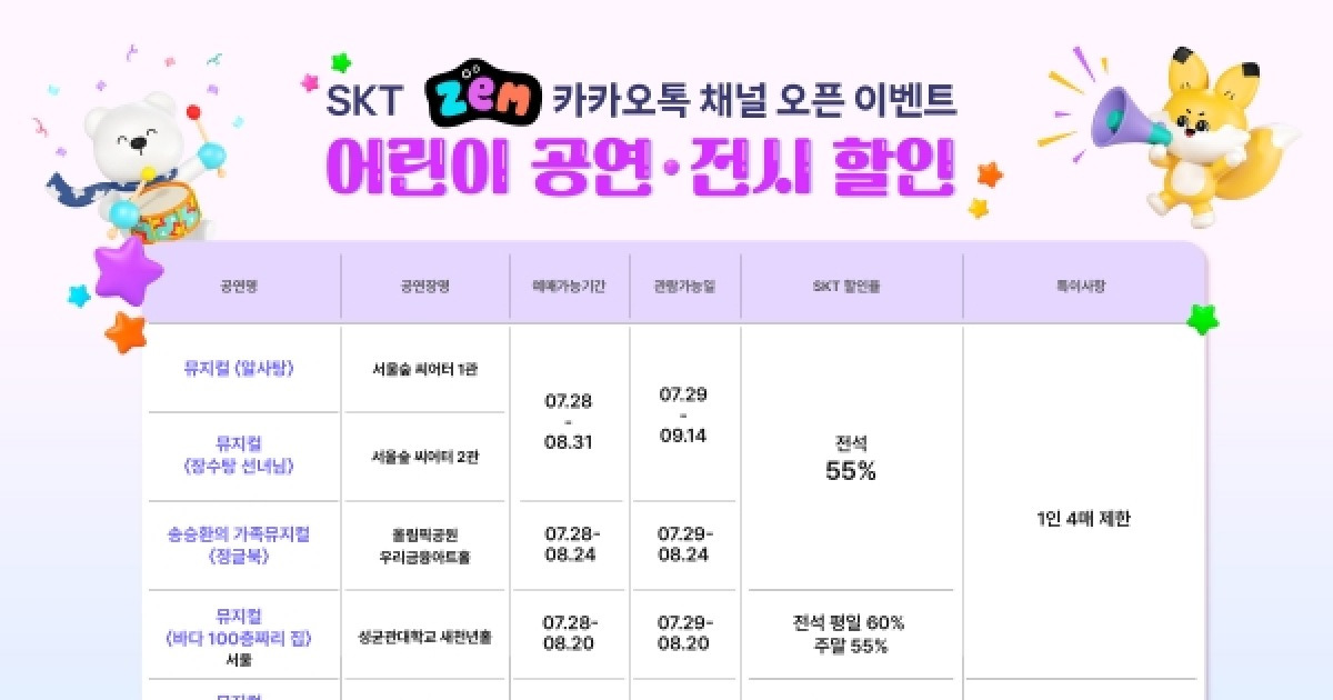 SKT, ZEM 카카오톡 채널 오픈 이벤트 여름방학 공연·전시 할인