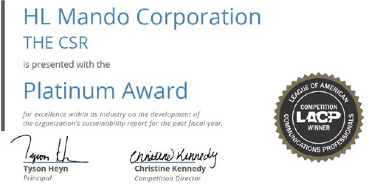 HL만도·HL클레무브 지속가능보고서, 美 LACP 어워즈 최고등급